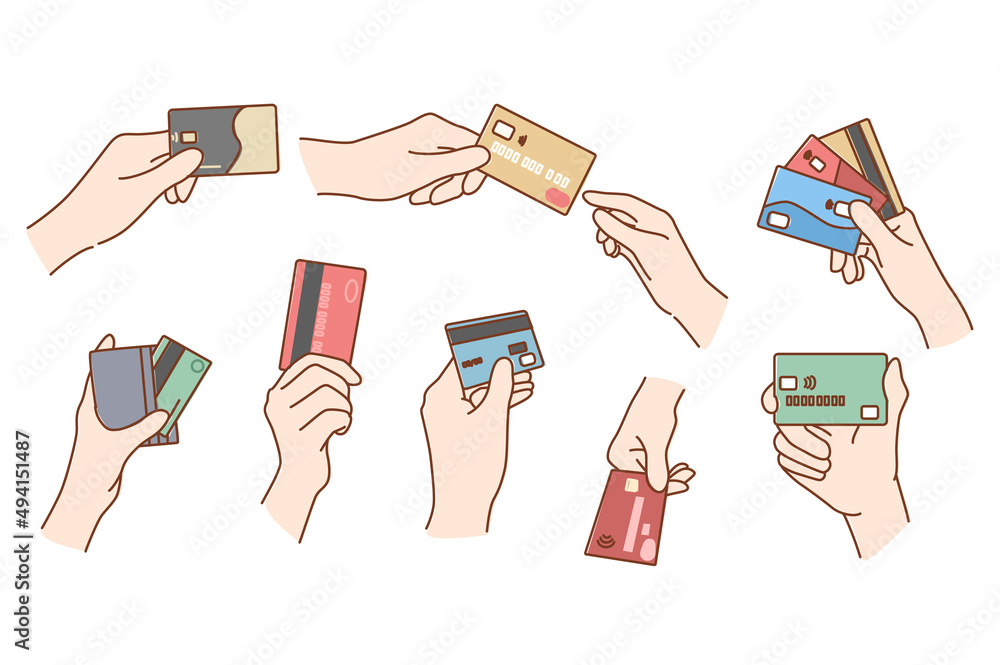 Collection of diverse people hold credit or debit cards for online ...