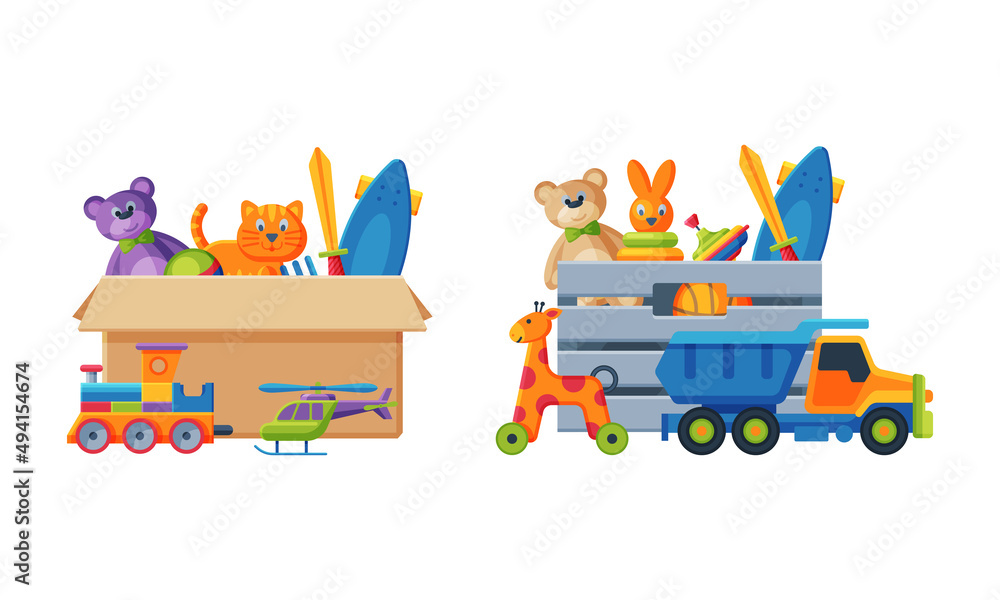 Cardboard and plastic box full of toys set. Train, pyramid, truck ...