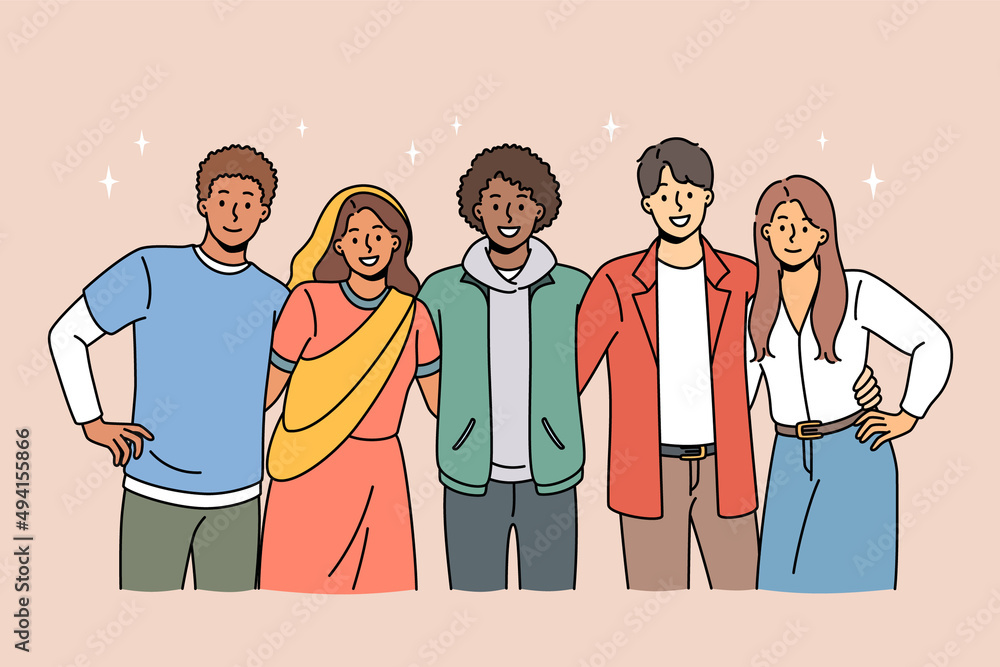Portrait of multicultural young people stand pose together hugging show ... Portrait of multicultural young people stand pose together hugging show ...