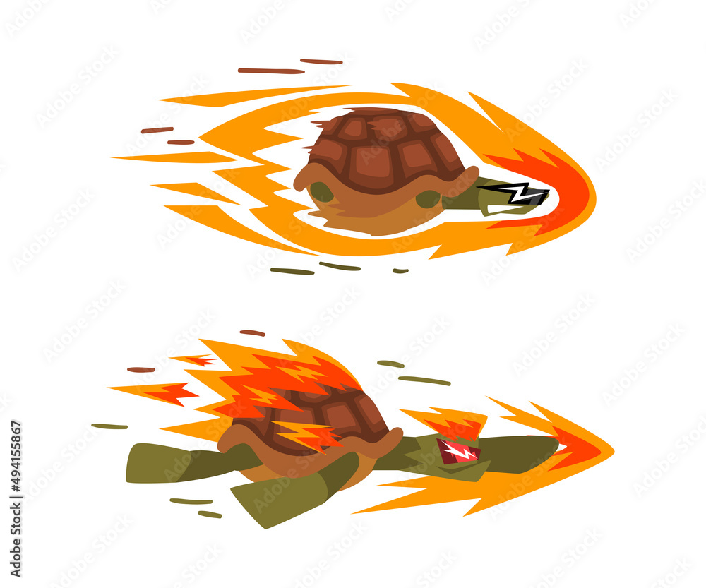 Fast turtles in flame set. Funny racing tortoise cartoon vector ...