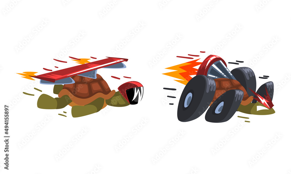 Vetor de Fast turtles set. Funny tortoise with flaming turbo speed ...