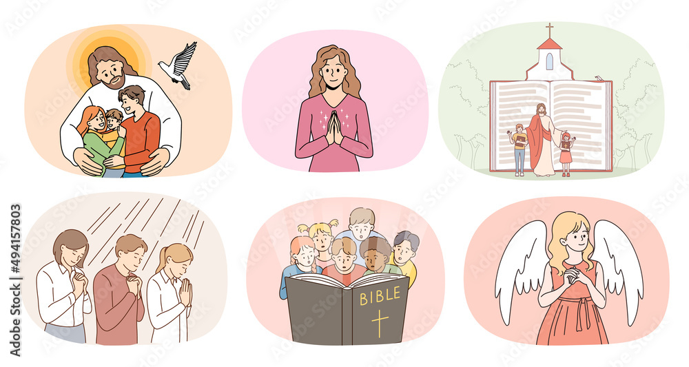 Set of religious people and Jesus Christ. Concept of faith and religion ...