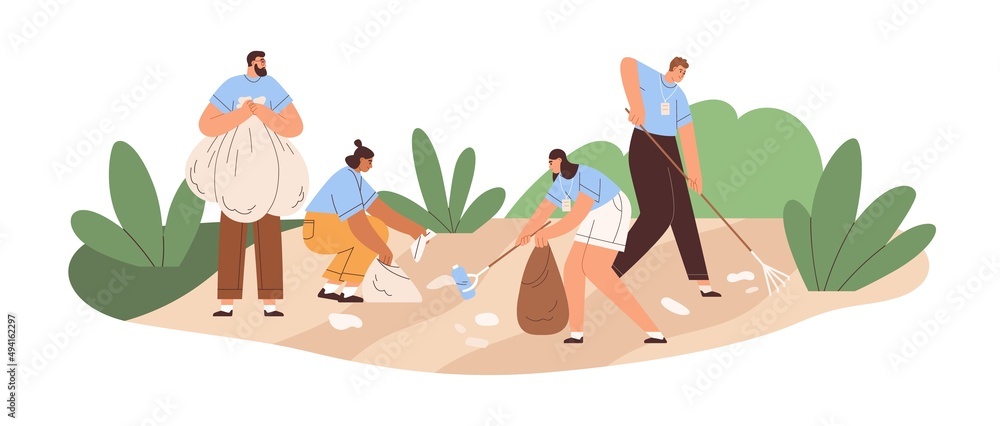 Cartoon People Picking Up Litter