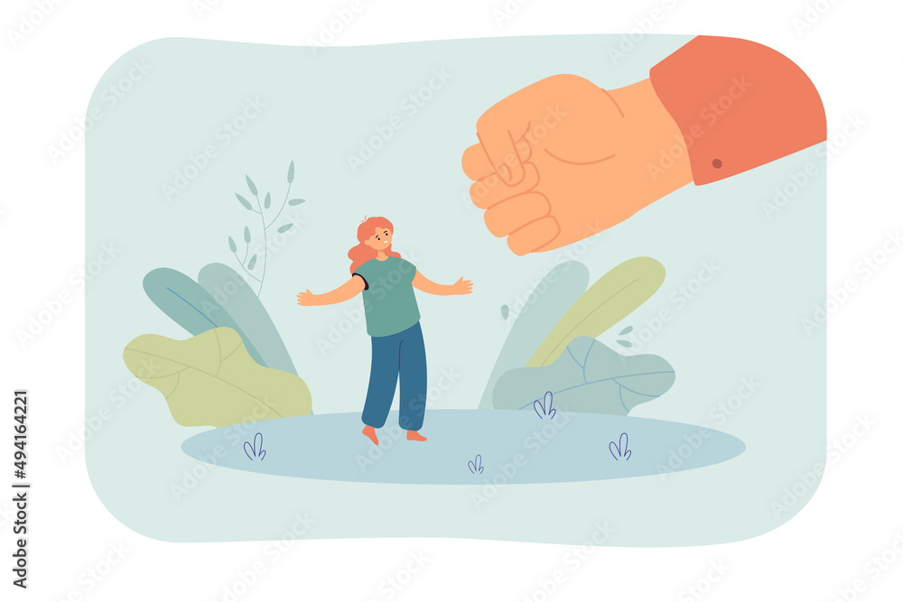 Huge fist threatening tiny girl flat vector illustration. Parents ...