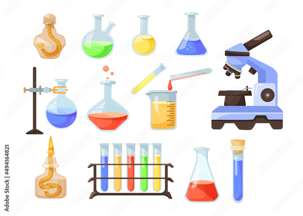 Beakers and burners with colorful liquid cartoon collection set. Using ...