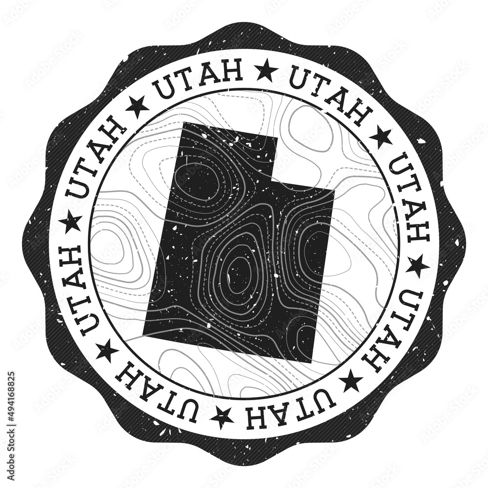 Utah outdoor stamp. Round sticker with map of us state with topographic ...