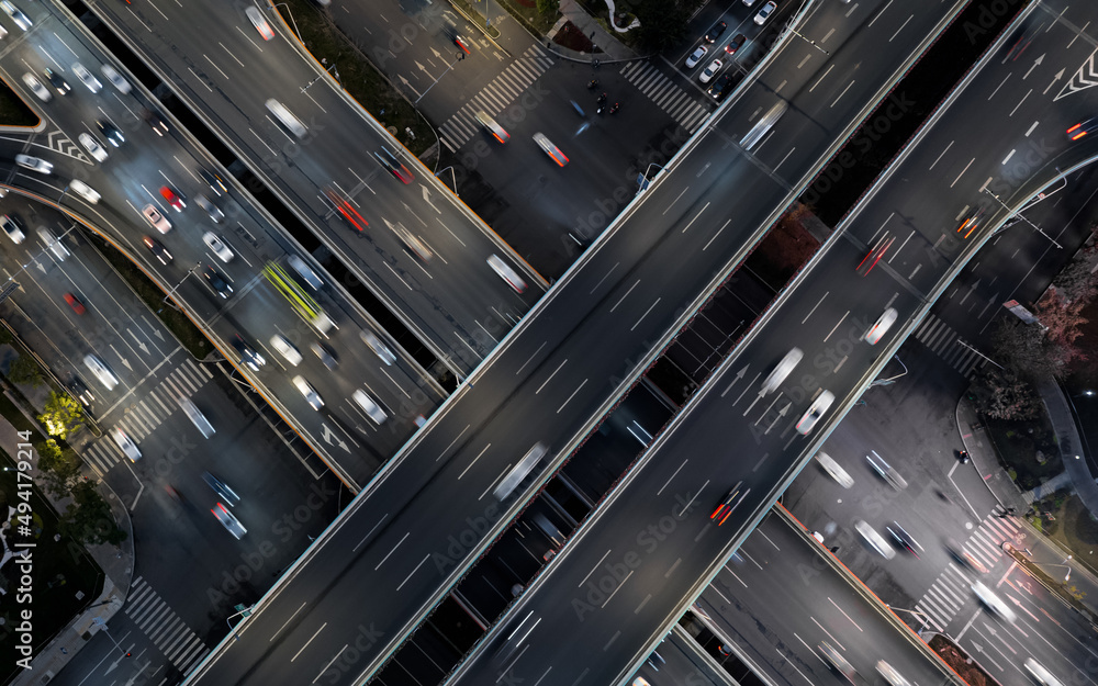 Aerial top down of multilevel elevated road huge traffic junction in ...