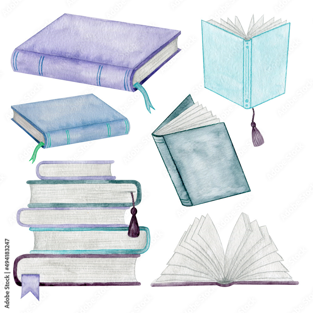 World book day hand drawn watercolor clipart set. Library books ...
