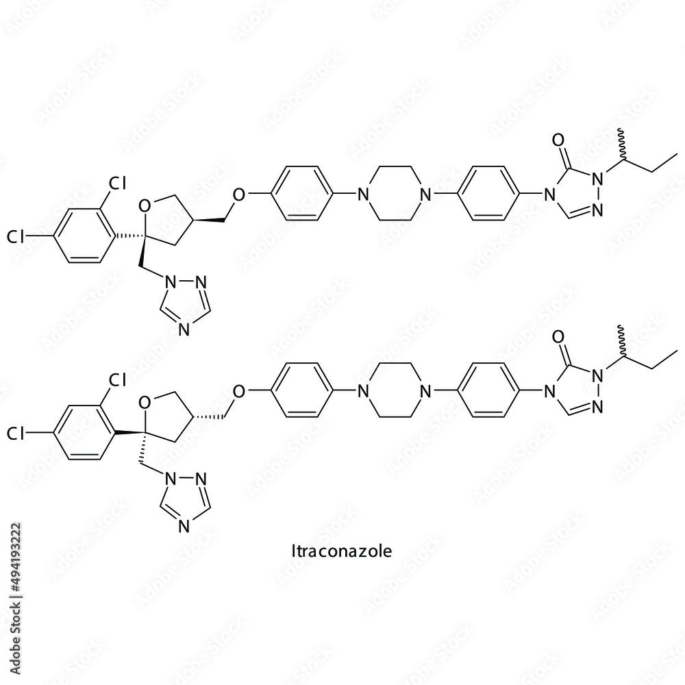 Itraconazole molecular structure, flat skeletal chemical formula. Azole ...