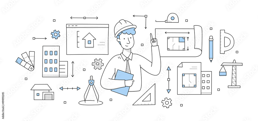 Architect worker holding blueprint, engineering and architecture job ...
