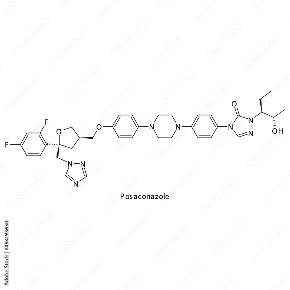 Posaconazole molecular structure, flat skeletal chemical formula. Azole ...