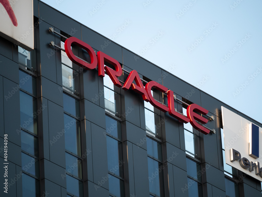 Oracle Corporation logo sign. American multinational computer software ...
