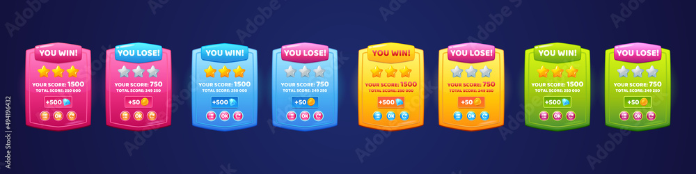 Game boards with level score, win and lose banners for ui interface ...