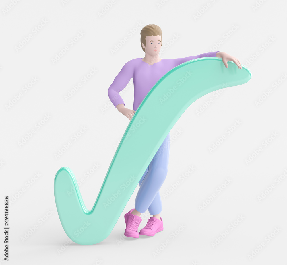 3d rendering illustration of "done" A man is standing next to a large ...