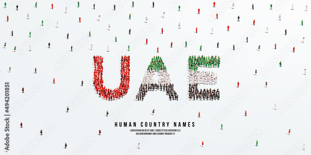 A large group of people stands, making up the word United Arab Emirates ...