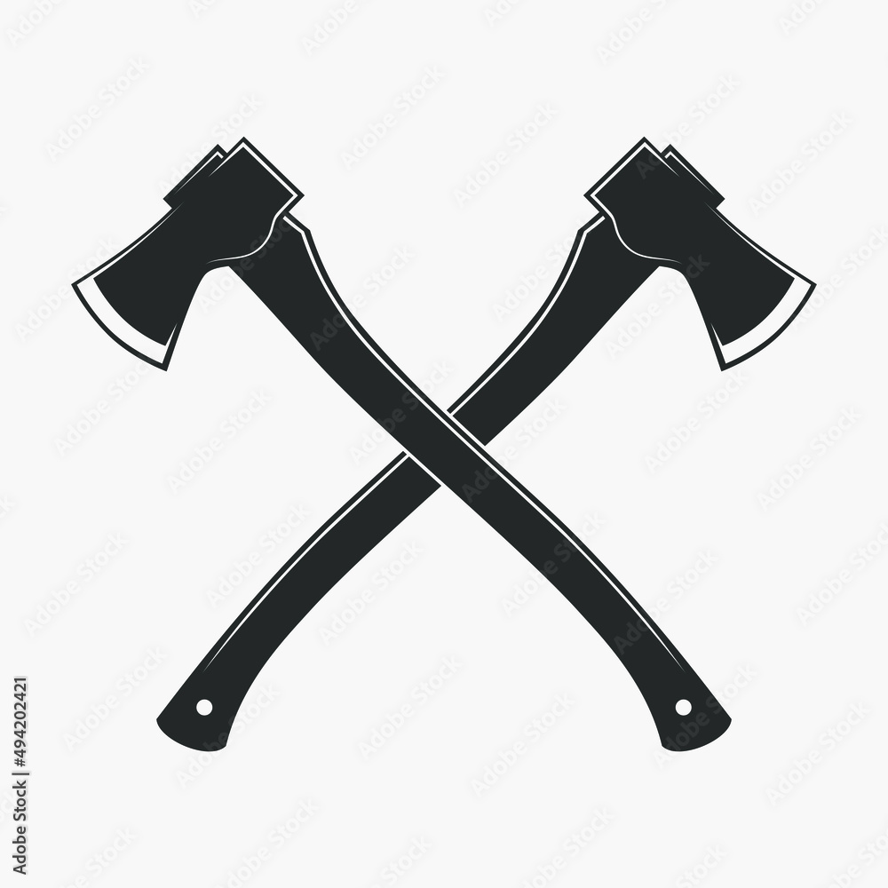 Two axe graphic icon. Symbol working tools lumberjack. Crossed axes ...