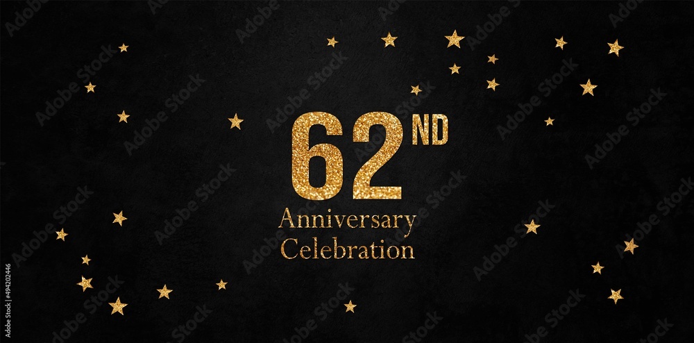 62nd Anniversary celebration. Golden number 62 with golden stars ...