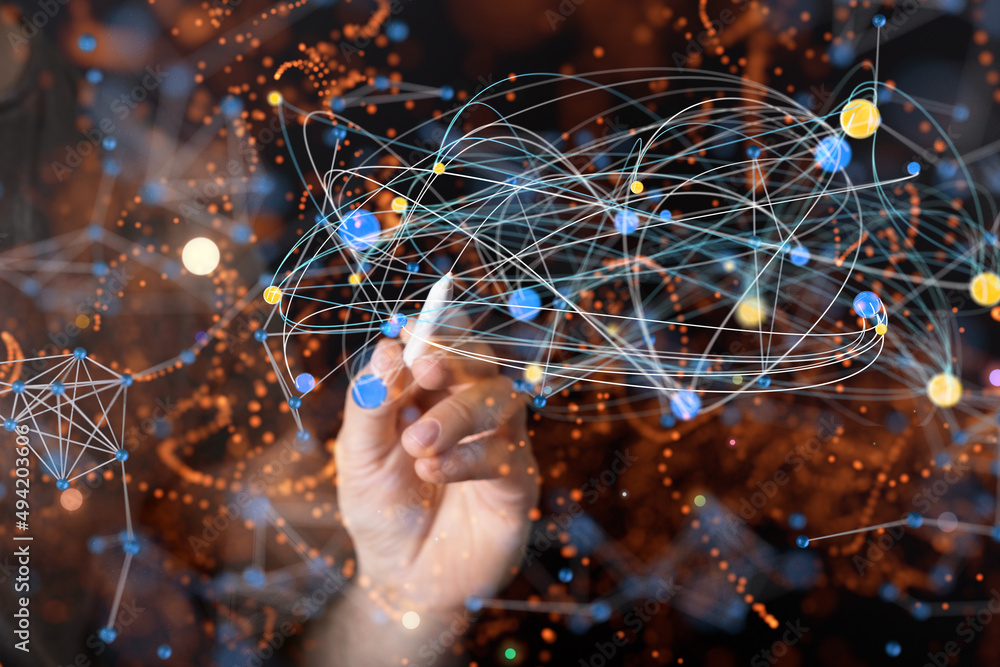 Global network. Blockchain. 3D illustration. Neural networks and ...
