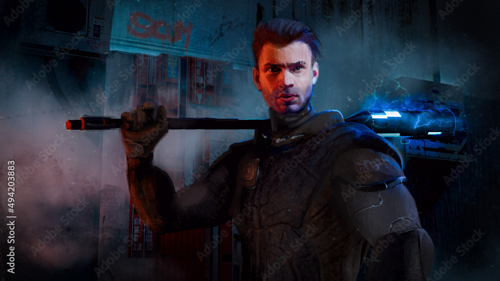 Digital 3d illustration of a sci-fi police officer in a gritty urban ...
