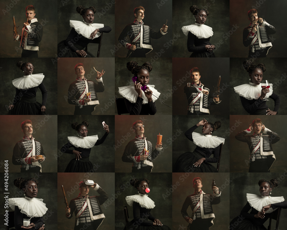 Medieval people as a royalty persons in vintage clothing posing proud ...