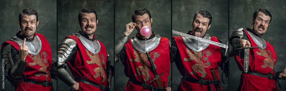 Collage with vintage portraits of funny medieval warrior or knight with ...