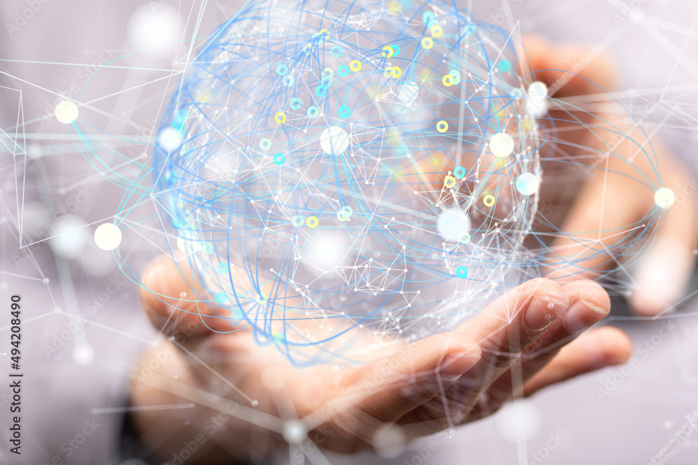 Global network. Blockchain. 3D illustration. Neural networks and ...