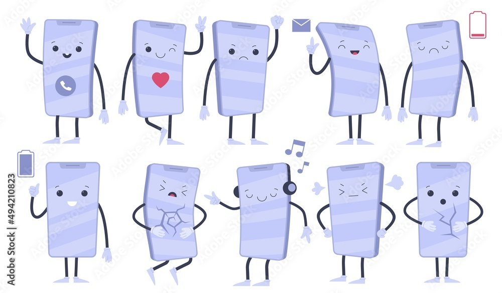 Smartphone mascots. Mobile phone cartoon characters. Different poses ...