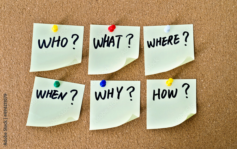 Who, why, what, when, how, where, which question on paper notes Stock ...