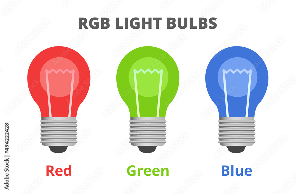 Vector set of three red, green, and blue tungsten incandescent light ...