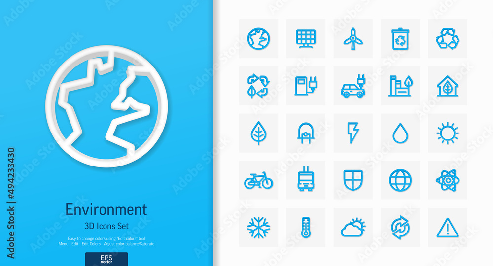 Vector 3d realistic style icons set. Illustration with environmental ...