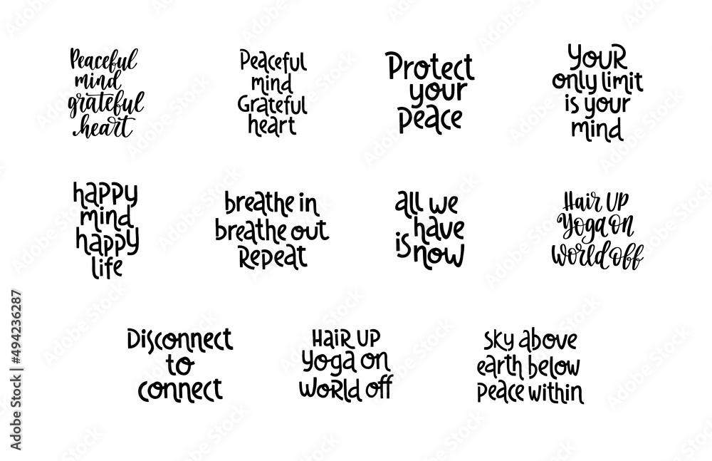 Yoga lettering set. Hand drawn trendy style lettering. Inspirational ...