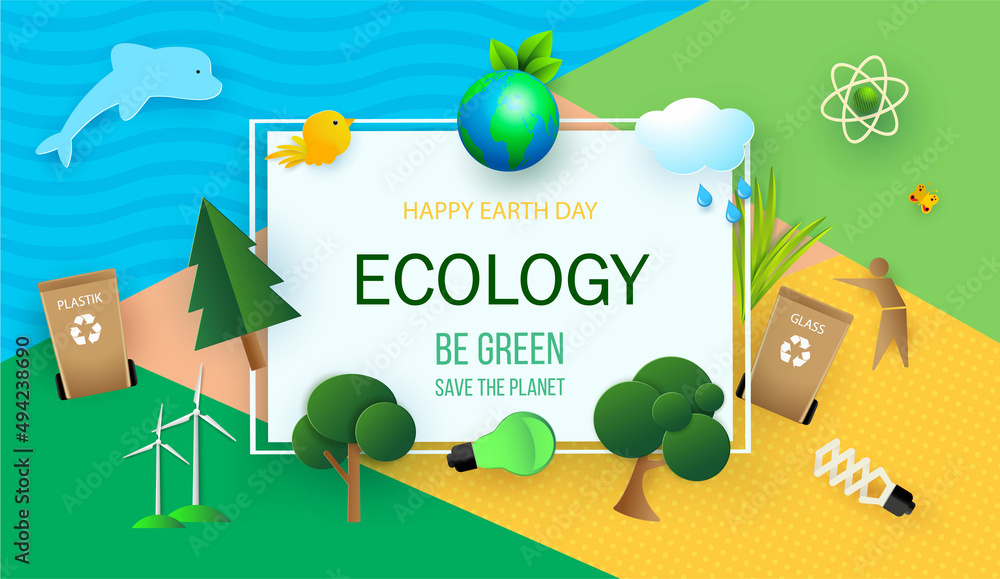 Earth Day banner, background with clouds and ecology icons in paper cut ...