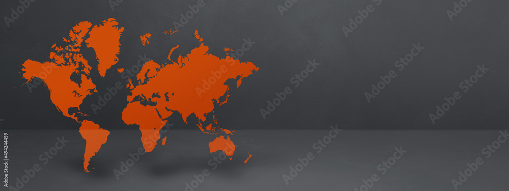 Orange world map on black concrete wall background. 3D illustration ...