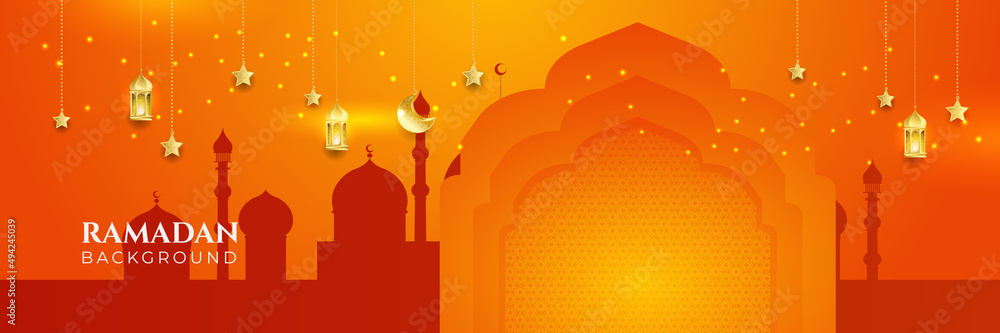 Stylish orange golden mosque design islamic banner background Stock ...