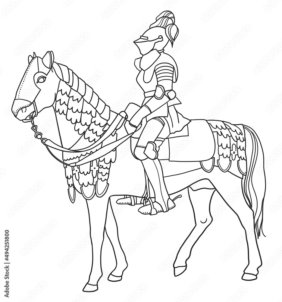 A mailed knight on a horse line art drawing, hand drawn medieval ...