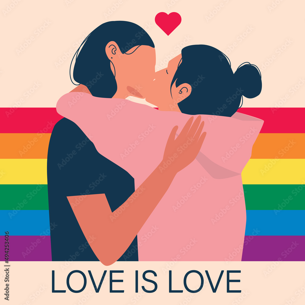 Lesbian Couple Hugging And Kissing In Background An Lgbt Flag Flat