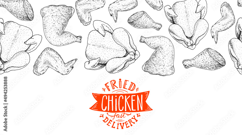 Grilled and Fried chicken. Hand drawn sketch illustration. Grilled ...