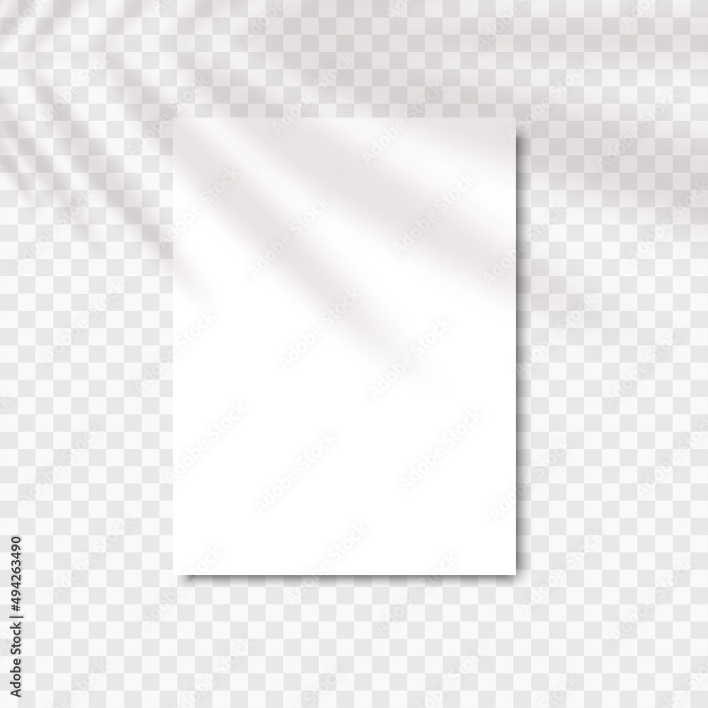 White blank A4 sheet on a transparent background with shadow of leaves ...