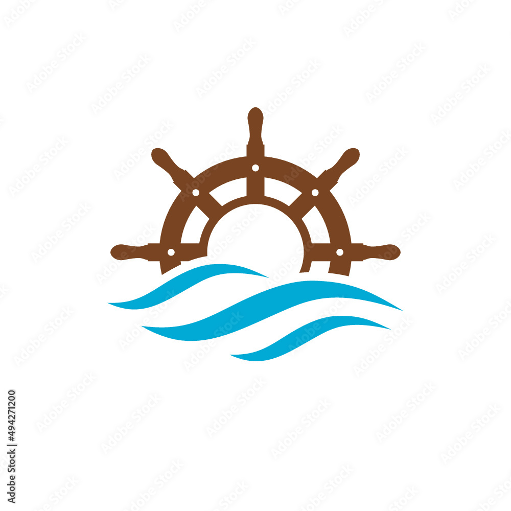 Steering Wheel on The Wave Water Ocean Logo design isolated on white ...