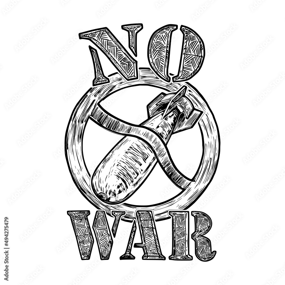 "No to war" black and white freehand drawing isolated on white ...