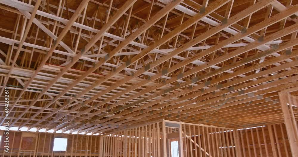 Wood timber beams structure construction site with roof truss system of ...