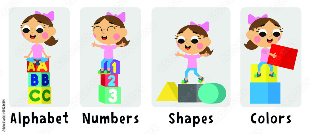Alphabet, numbers, shapes, colors and children Stock Vector | Adobe Stock