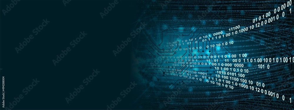 Abstract technology background with binary code circuit cogs polygon ...