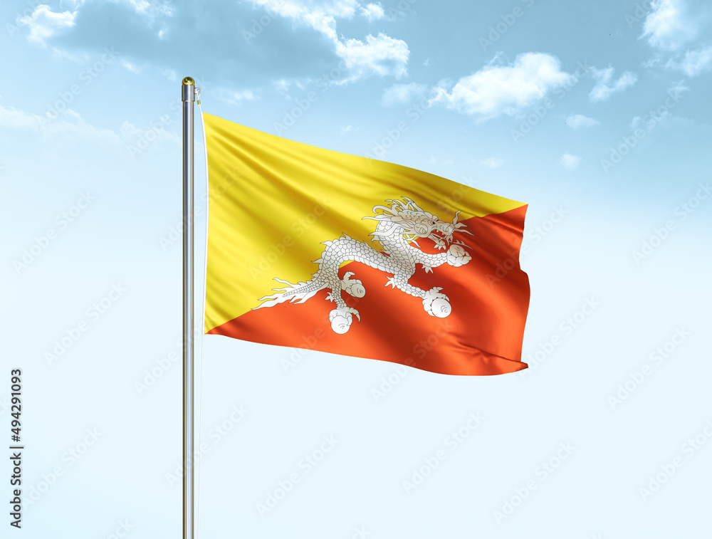 Bhutan national flag waving in blue sky with clouds. Bhutan flag. 3D ...