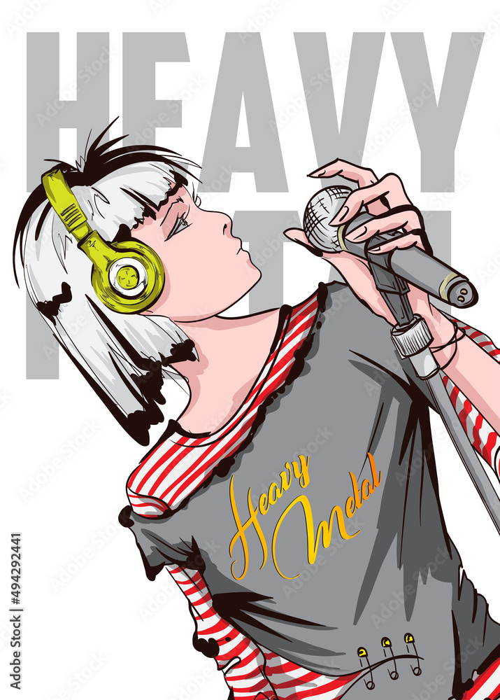 A fashionable girl, a heavy metal singer, sings into a microphone ...
