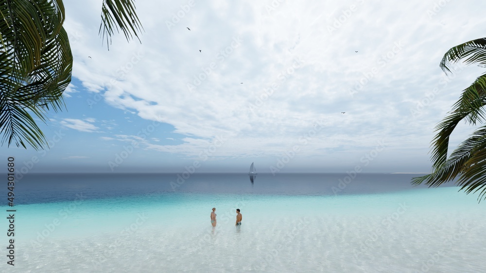 8K Ultra Hd. Blue sky over the sea and beach. Waves washing the sand ...