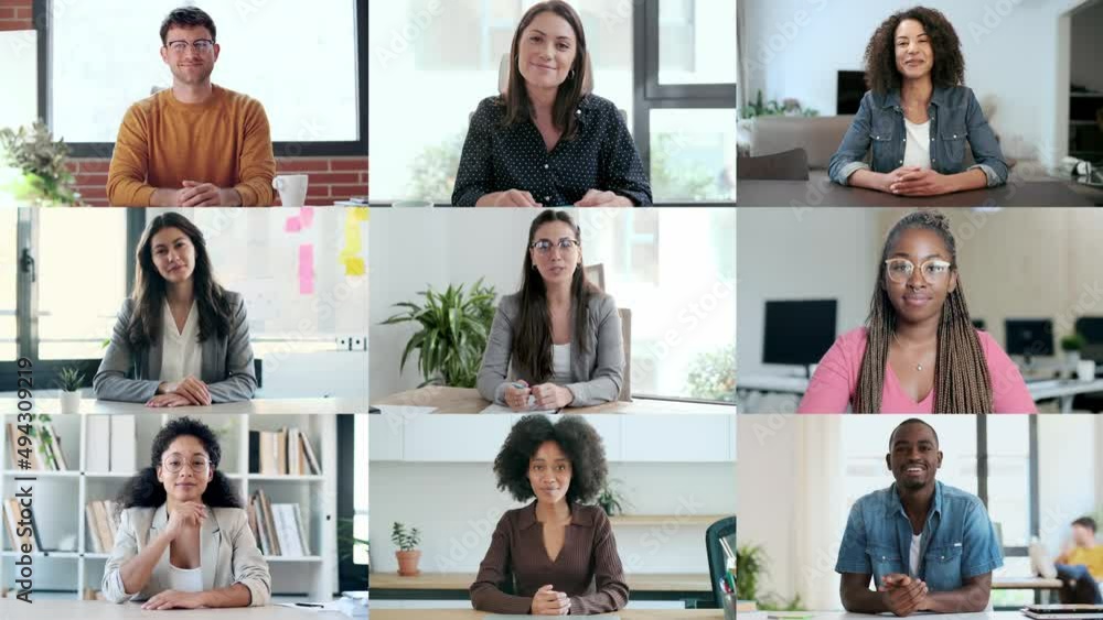 Video of headshot screen application view of diverse employees working ...