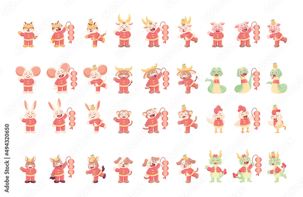 Set of different animal cartoons with traditional clothes Chinese ...