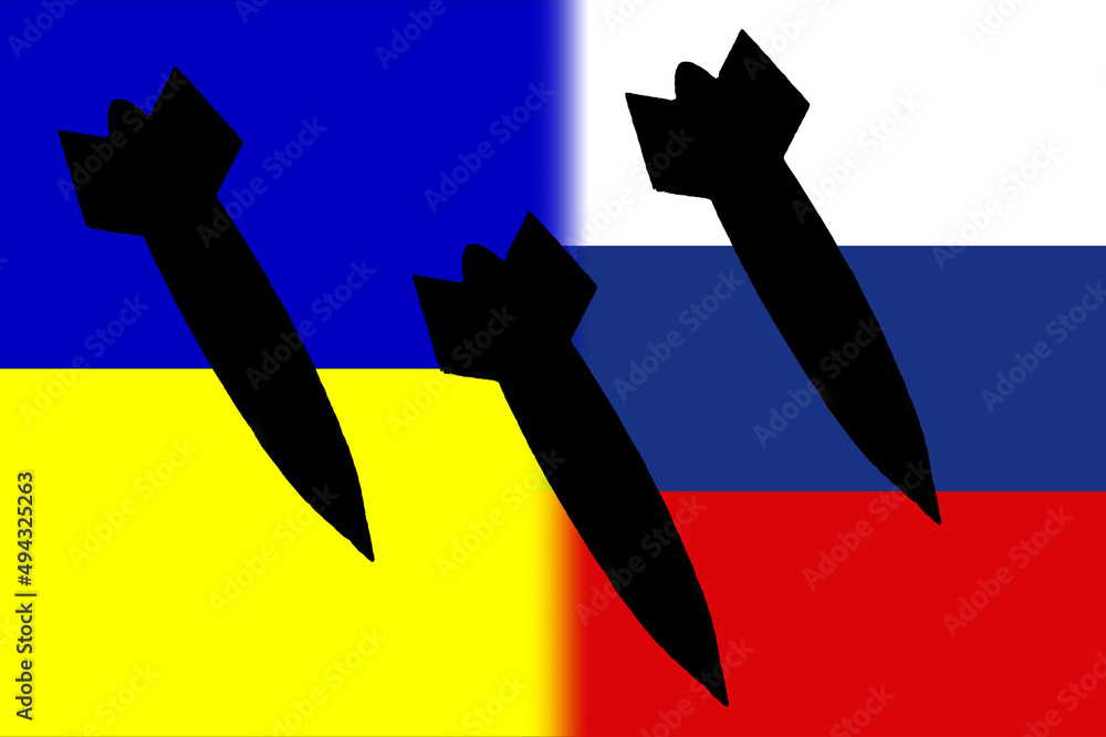 Ukraine. Russia. Nuclear weapons. Russia flag and Ukrainian flag with ...