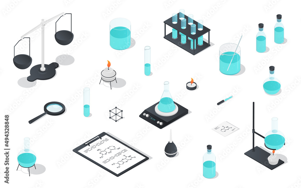 Chemical laboratory set. Collection of chemical elements and reagents ...